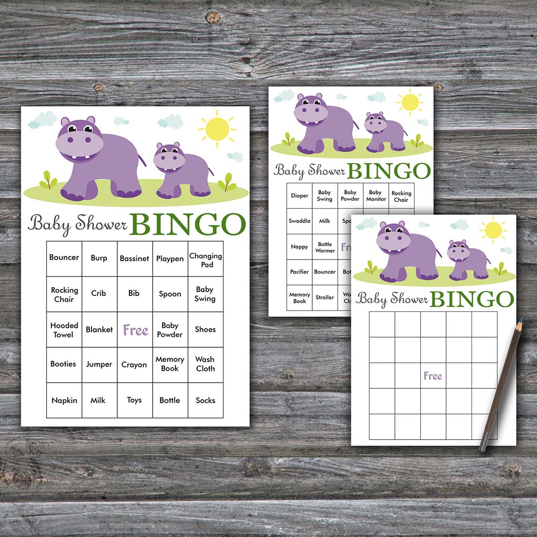 60 Hippo Baby Shower Bingo Cards,Safari Baby Shower Bingo Ga - Inspire ...