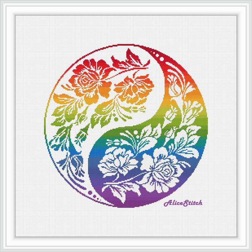 Cross stitch pattern Yin Yang Flowers Hibiscus rainbow east | Inspire ...