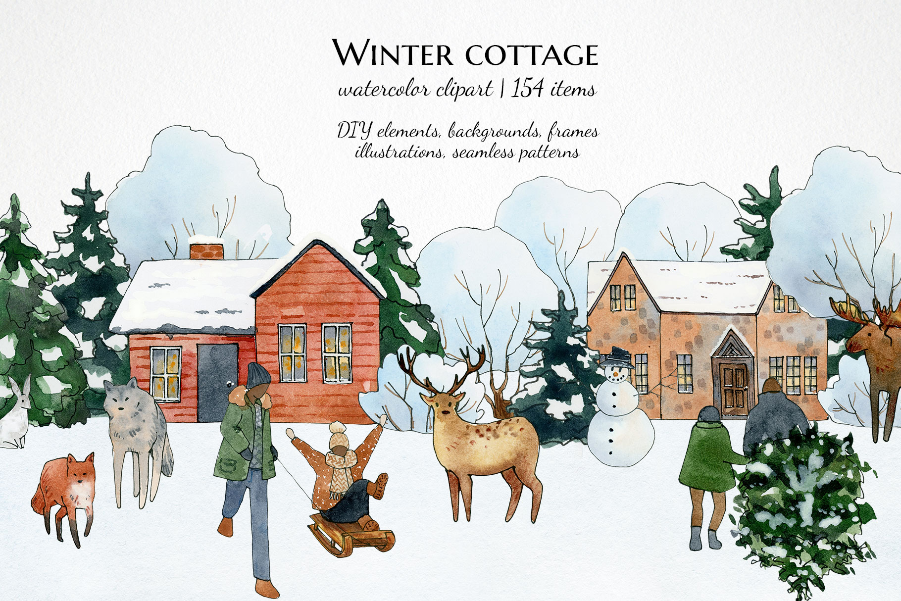 watercolor winter village clipart, people in winter forest - Inspire Uplift