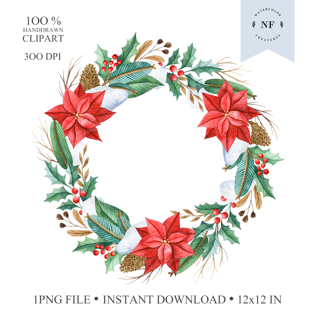 Poinsettia Watercolor Christmas Wreath. Digital clipart, Han | Inspire ...