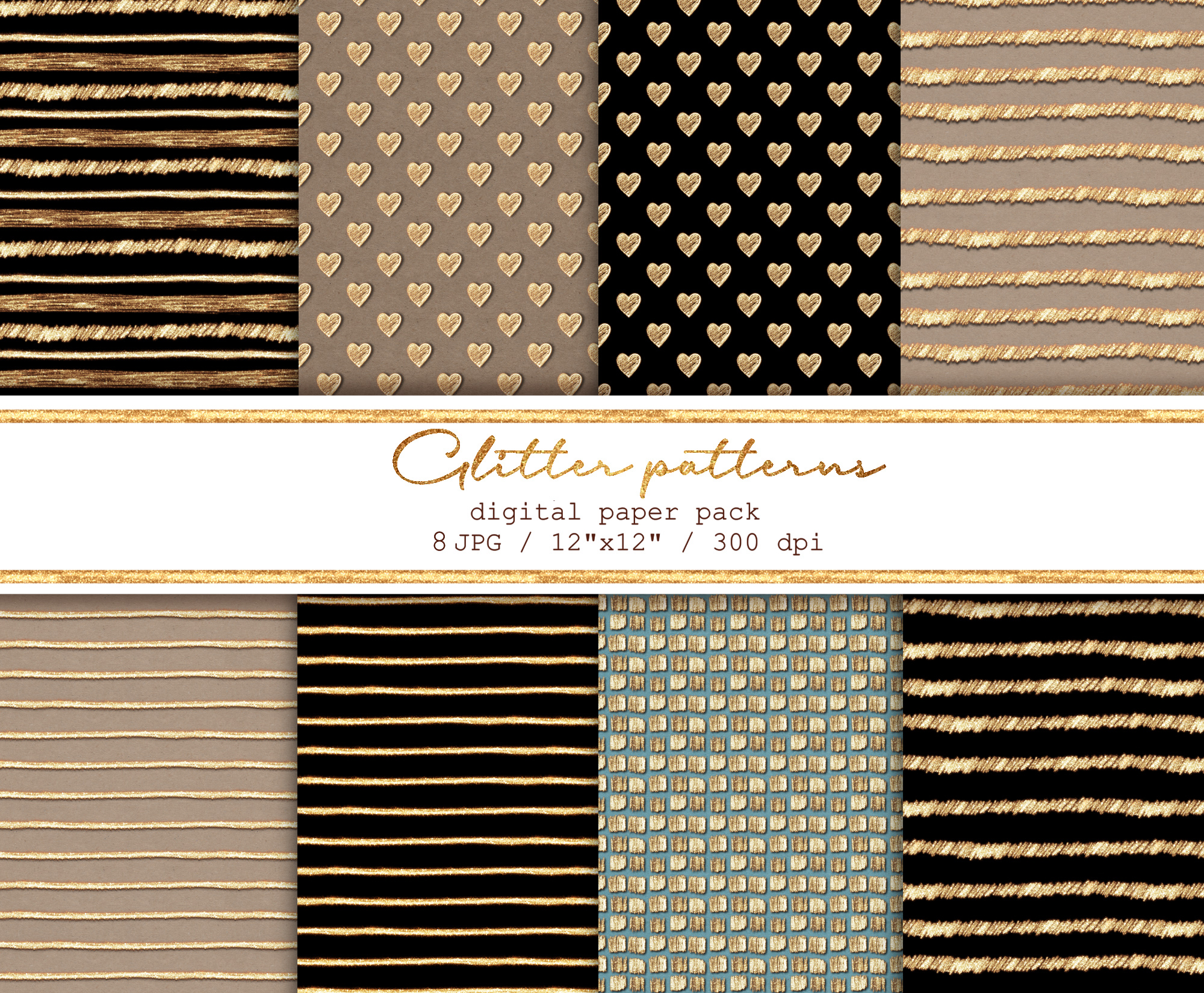 8 seamless patterns with gold glitter. Glitter digital paper | Inspire ...