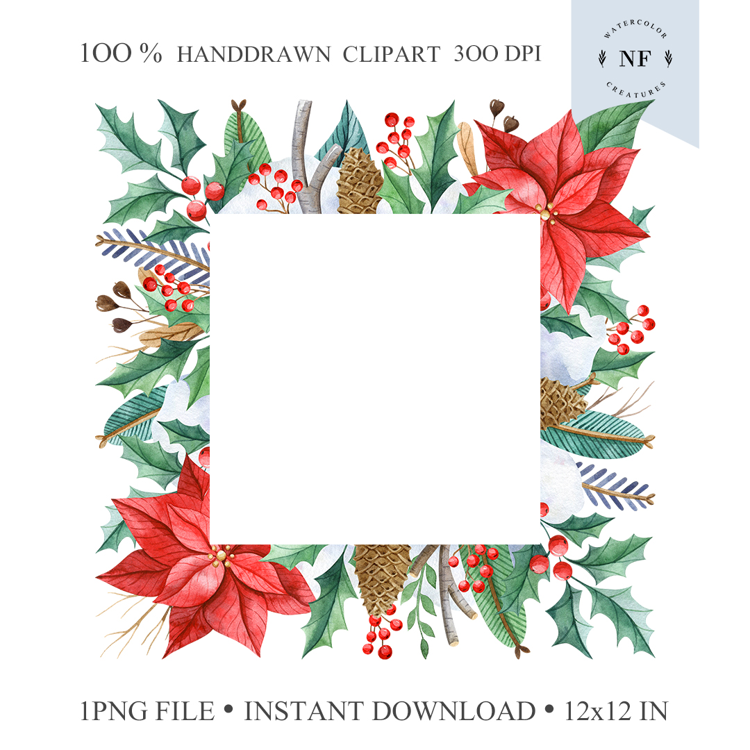 Poinsettia Watercolor Christmas Frame. Digital clipart, Hand | Inspire ...