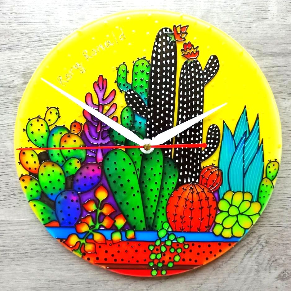 Stained glass cacti wall clock 10" Succulents gift Rainbow | Inspire Uplift