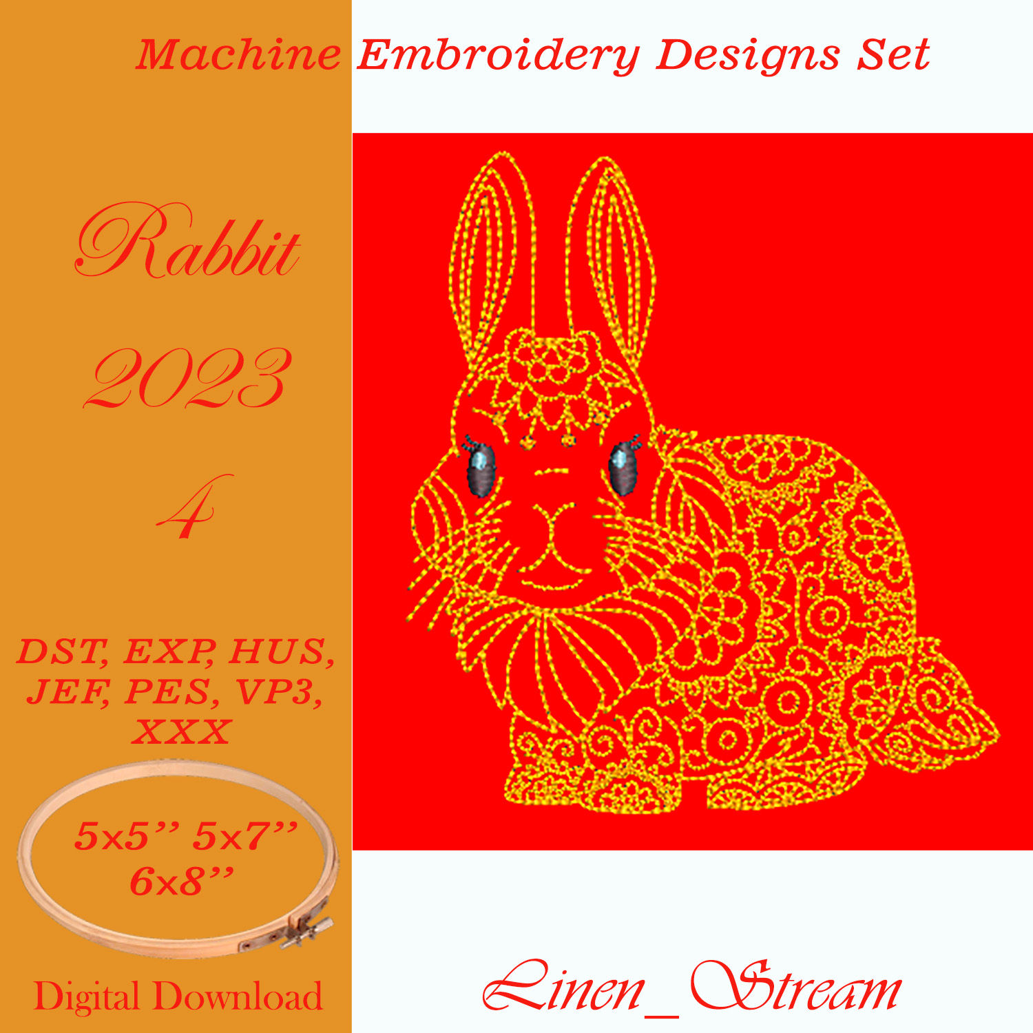 Happy New Year Rabbit emb design in 3 sizes in 9 formats. - Inspire Uplift