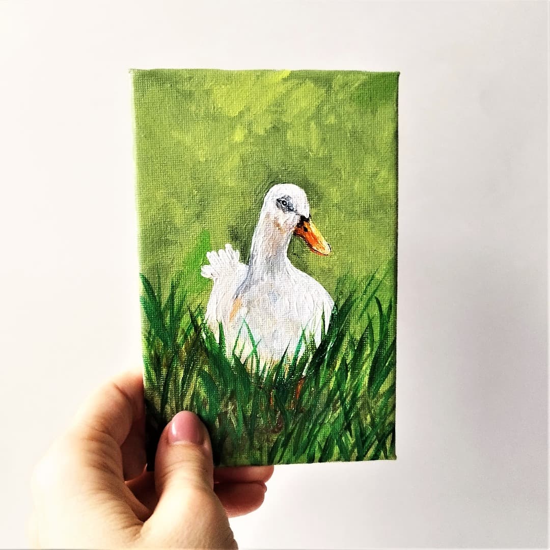 Duck small painting, Farm animal original art, White duck bi | Inspire ...
