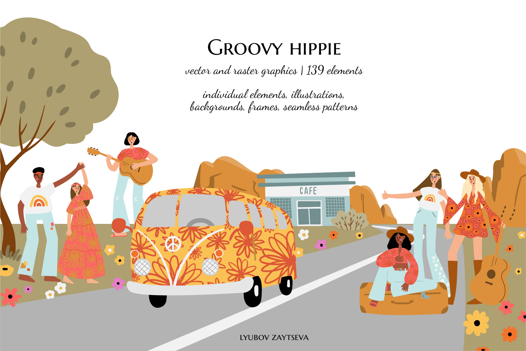 groovy hippie clipart, retro 70s hippy van bus illustrations - Inspire ...