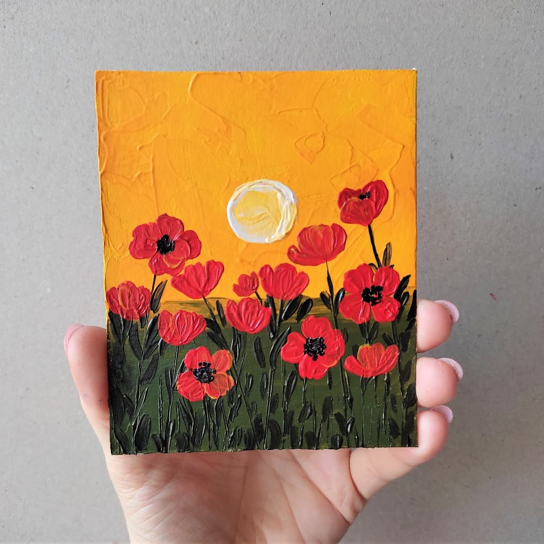 Field of poppies small painting, Sunset mini art, Landscape | Inspire ...