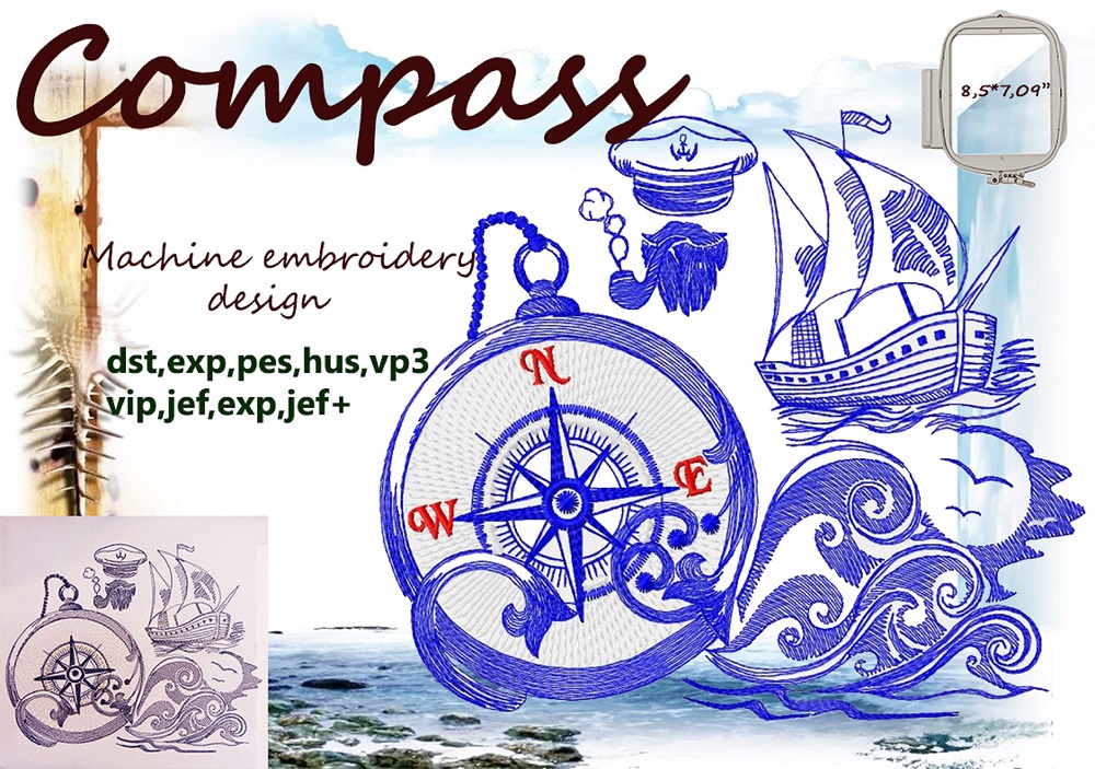 Compass redwork Embroidery Design - Inspire Uplift