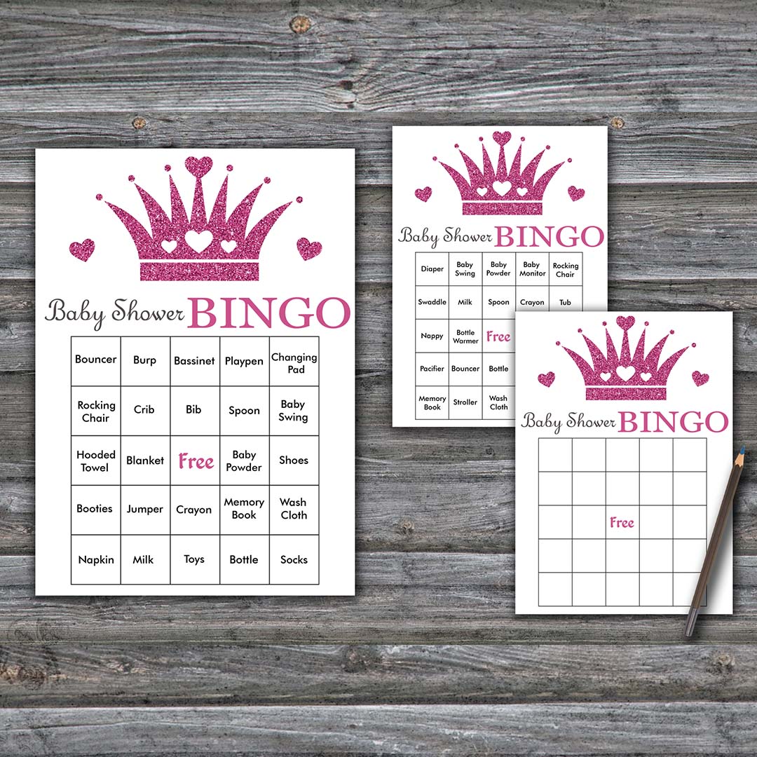 60 Princess theme Baby Shower Bingo Cards,Pink crown Baby Sh | Inspire ...