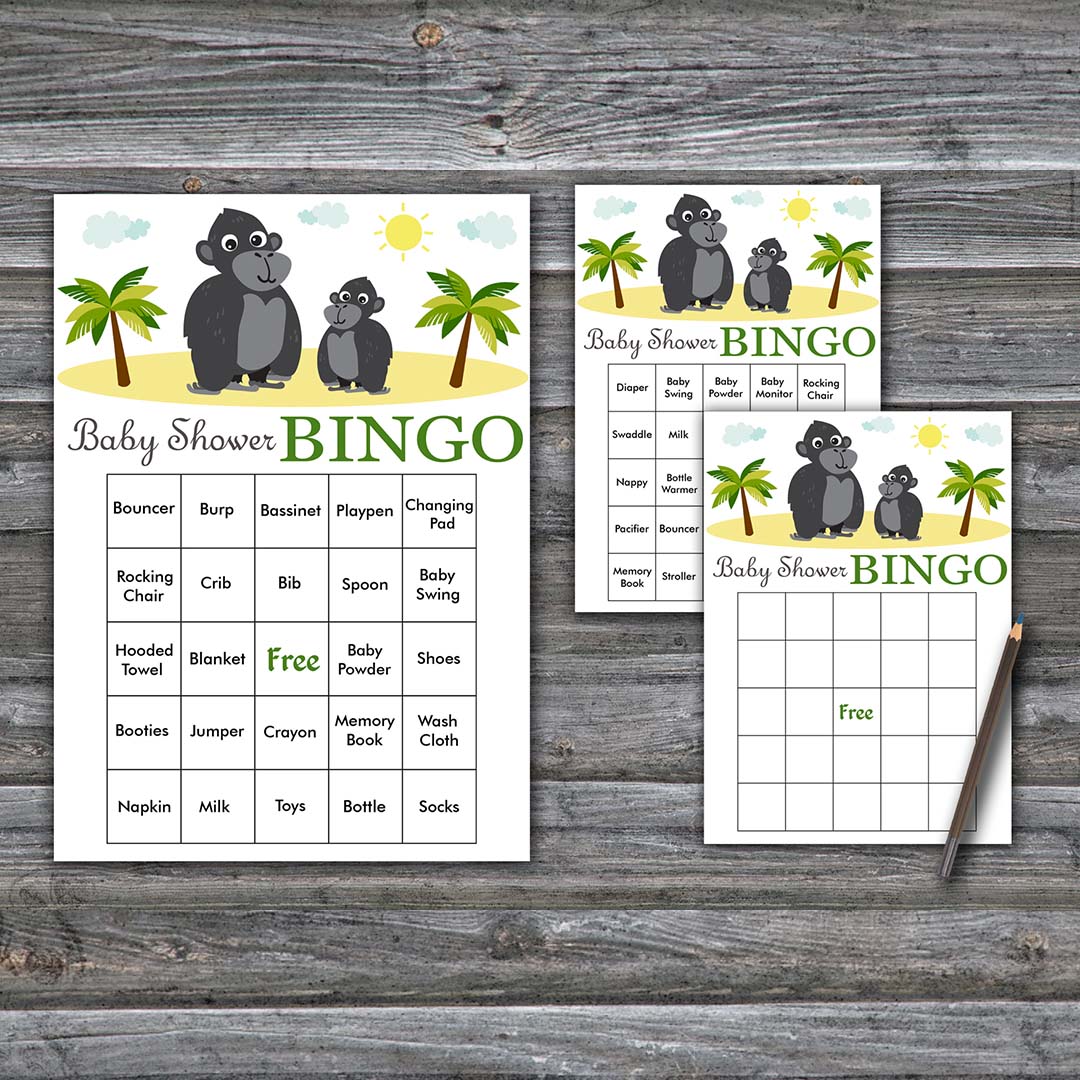 60 Monkey Baby Shower Bingo Cards,Gorilla Baby Shower Bingo - Inspire ...