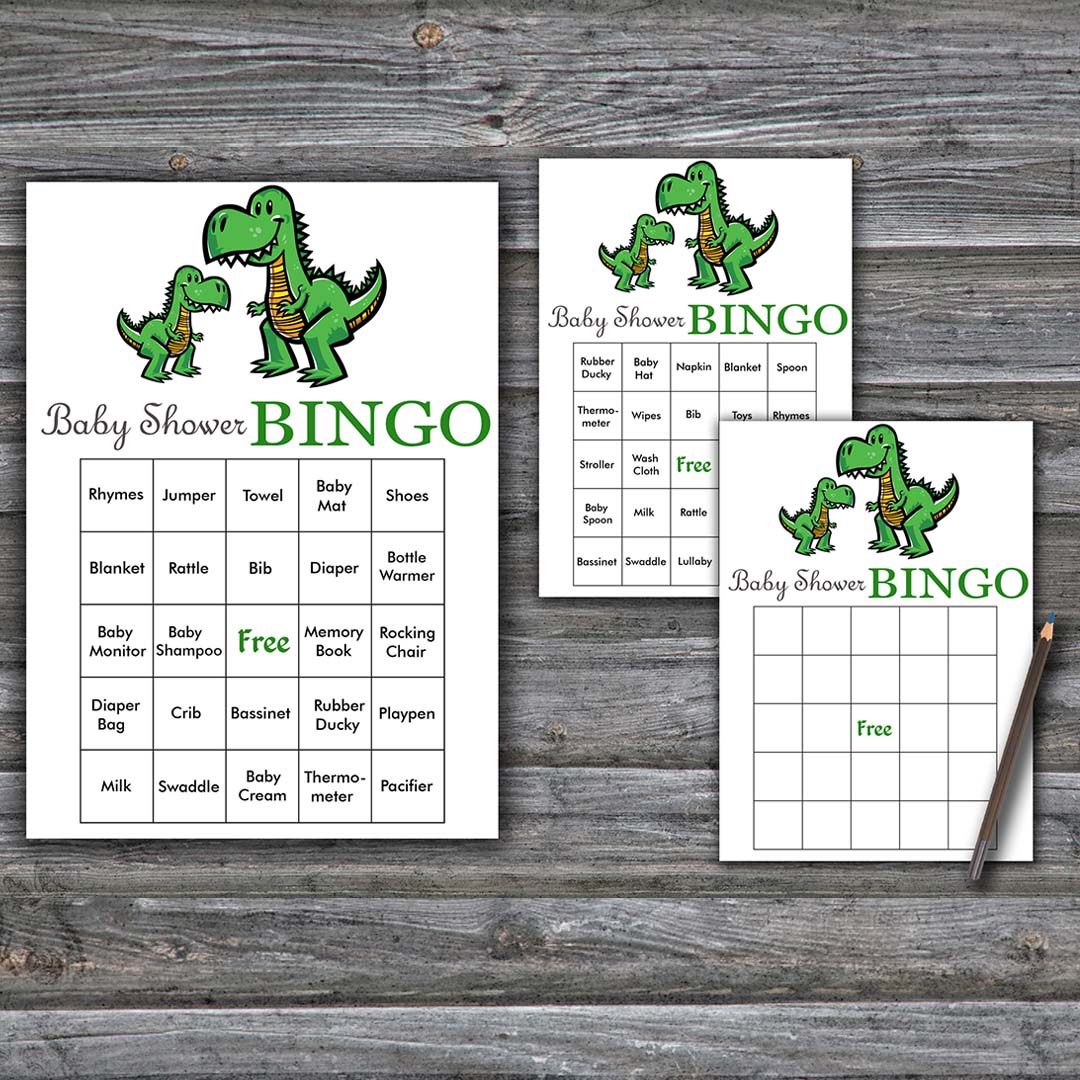 Dinosaur theme Baby Shower Bingo Cards,T-rex Baby Shower Bin - Inspire ...
