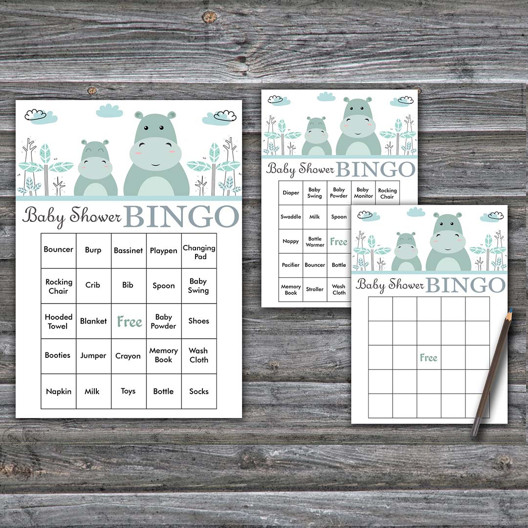Blue Hippo Baby Shower Bingo Cards,Hippo Baby Shower Bingo G | Inspire ...