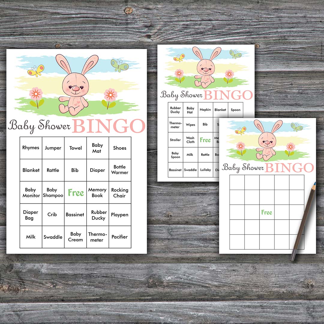 Pink Rabbit Baby Shower Bingo Cards,Bunny themed Baby Shower - Inspire ...