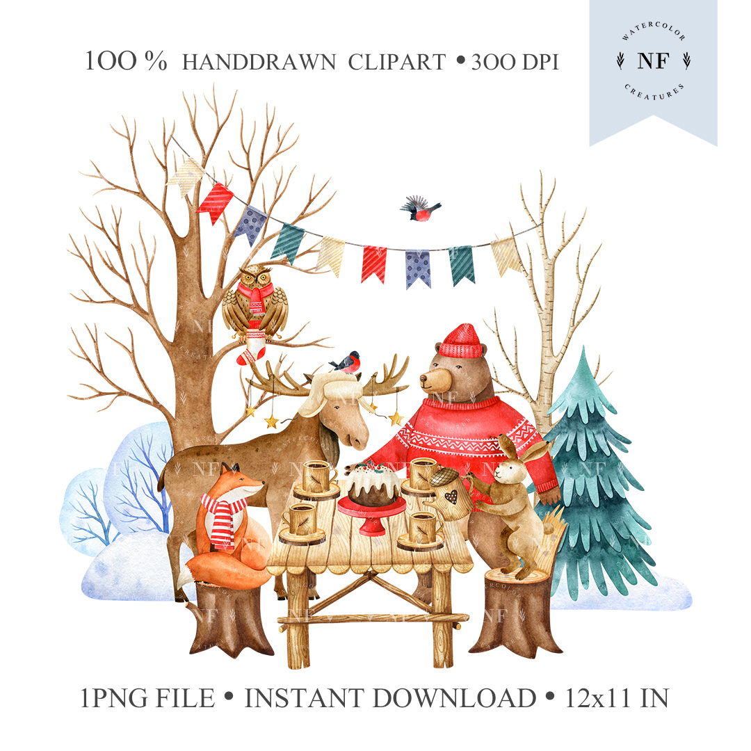 Christmas Forest Animals. Christmas dinner. Hand drawn Png C | Inspire ...