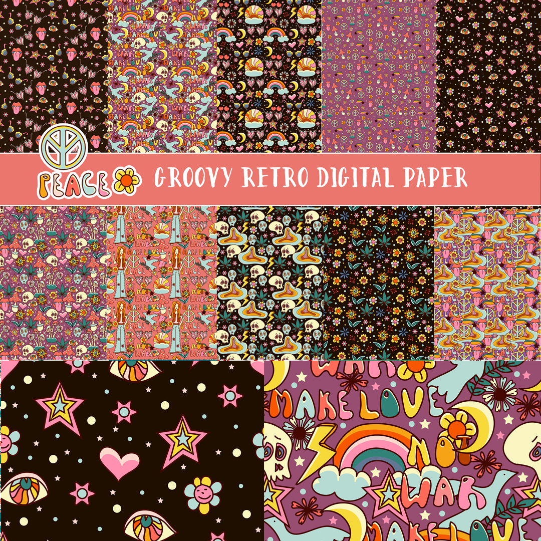 Groovy Retro Digital Paper 70s Hippies Seamless Patterns | Inspire Uplift