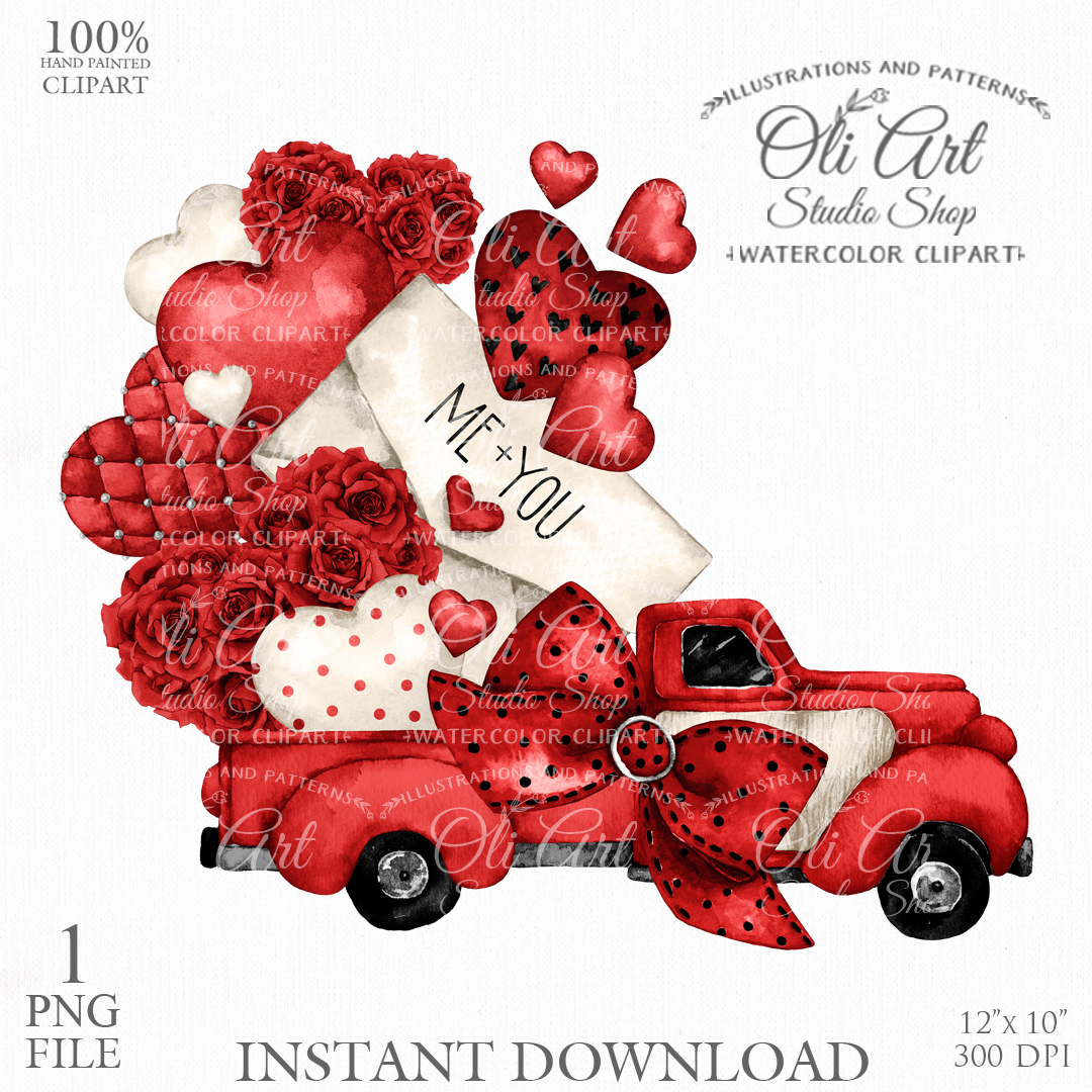 Valentine's Day Truck Clip Art. Digital Clipart, Hand Drawn - Inspire ...