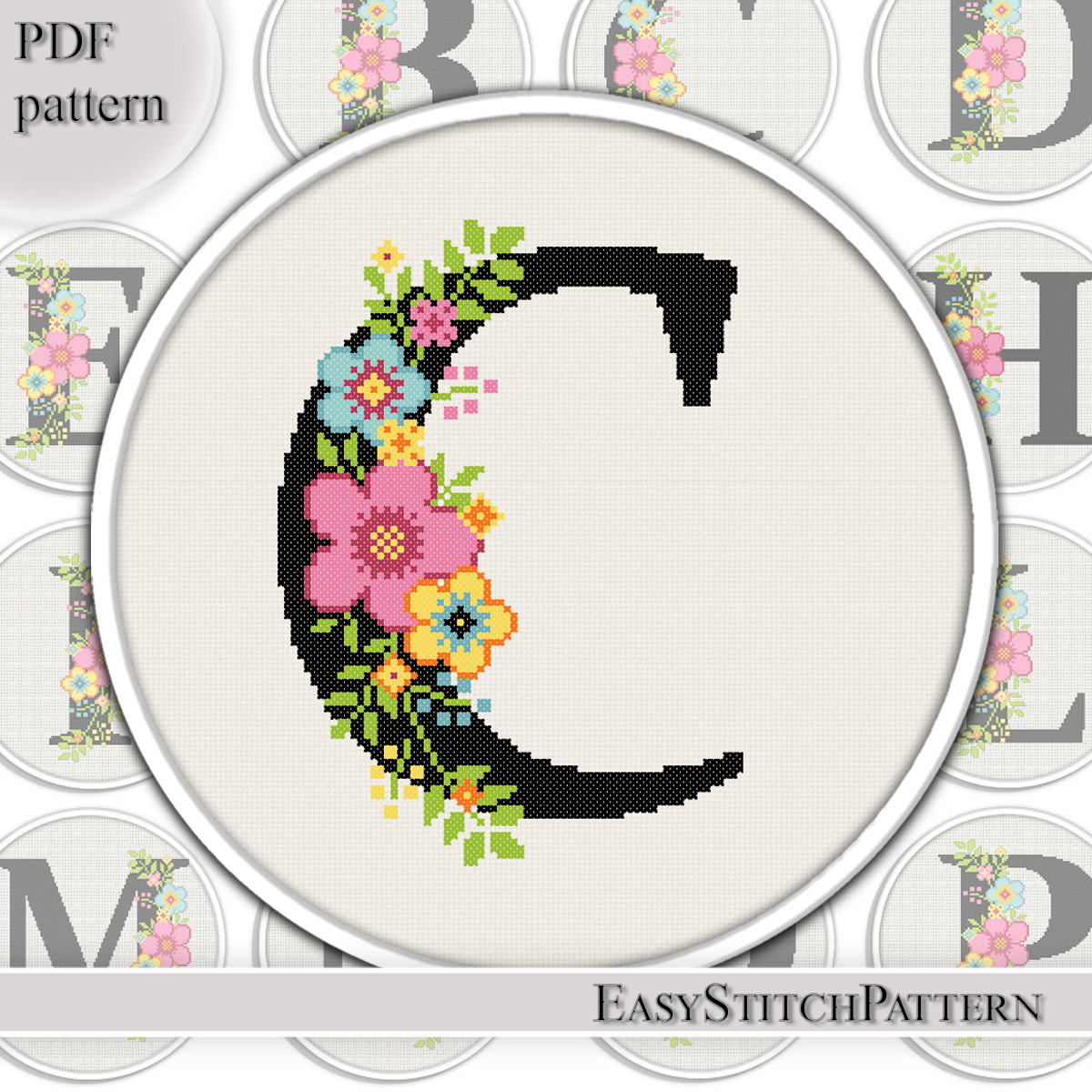 Floral Letter cross stitch pattern. Letter C cross stitch. - Inspire Uplift