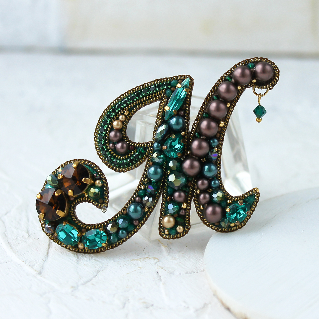 Emerald Letter Brooch pin Handmade. Embroidered Brooch. Cust | Inspire ...