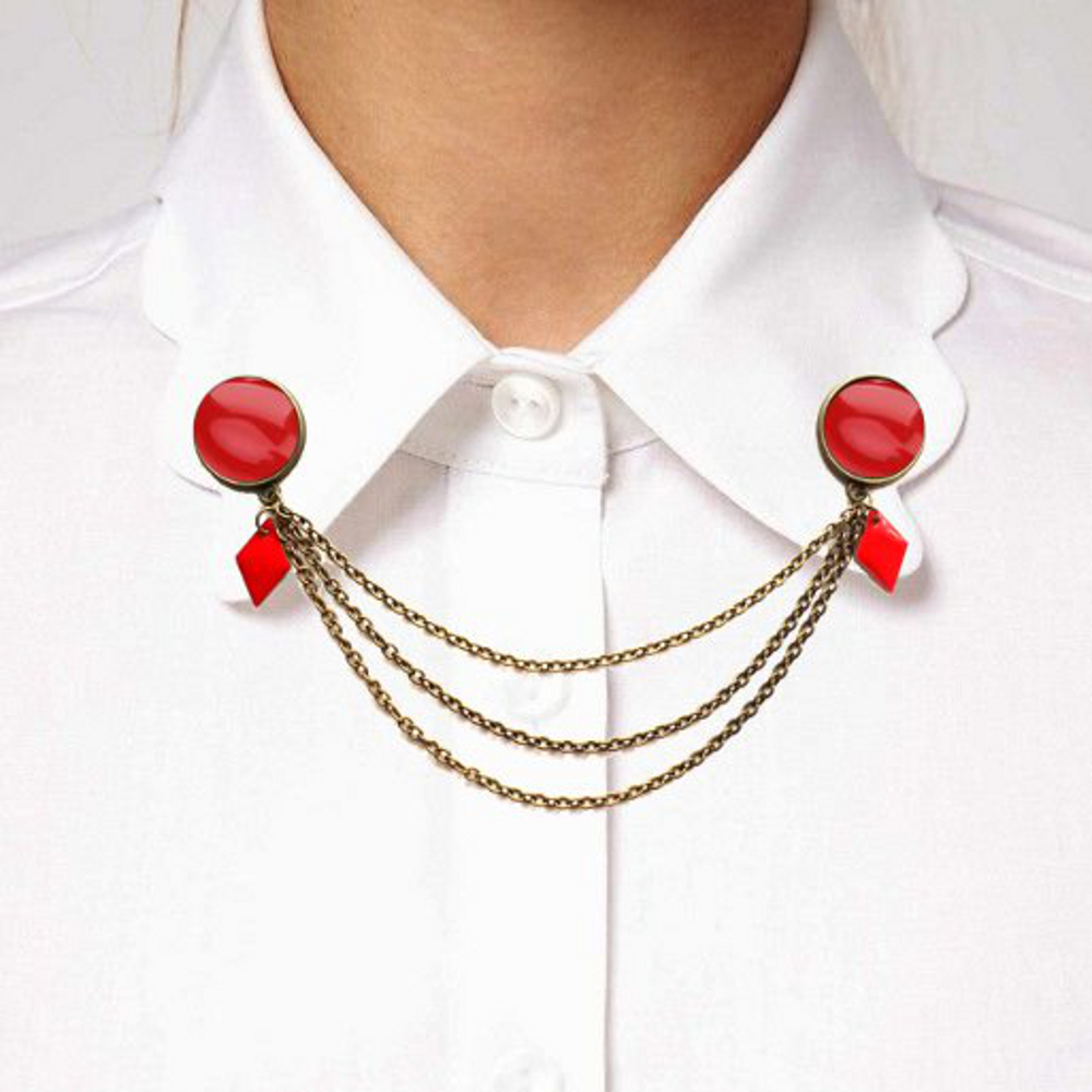 Red Brooch with charm, Red Collar Pin with chain - Inspire Uplift