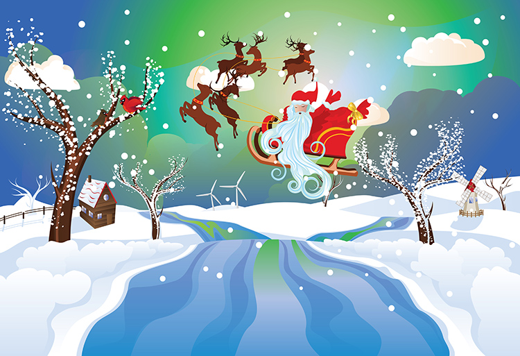 Cartoon Santa Claus riding sleigh at the Christmas night | Inspire Uplift