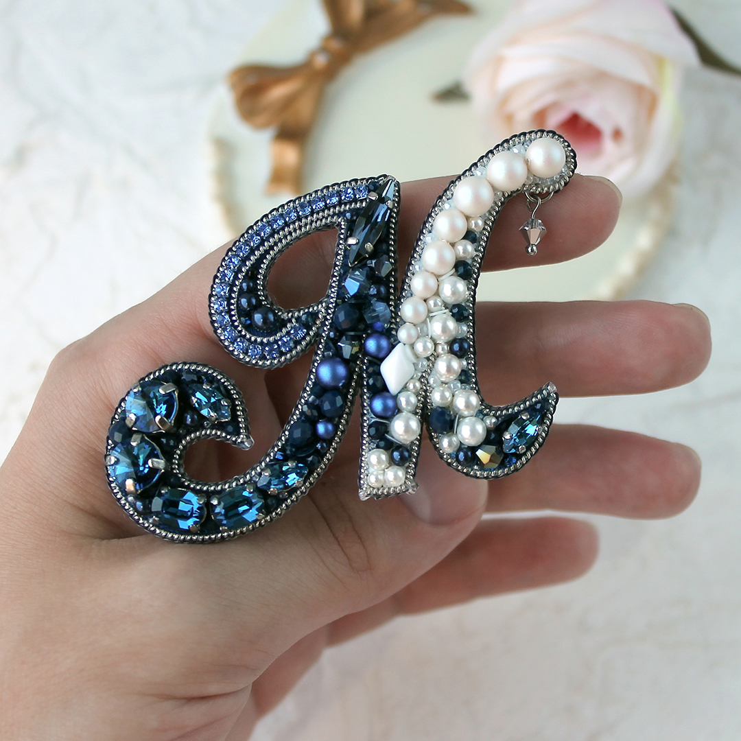 Blue White Letter Brooch Handmade. Embroidered Initial Brooc - Inspire ...