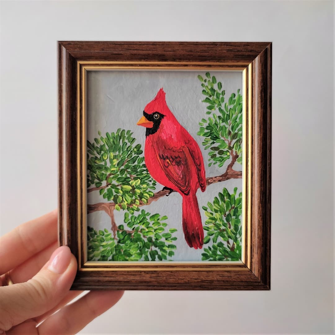 Red cardinal wall art impasto, Little bird painting, Small w - Inspire ...