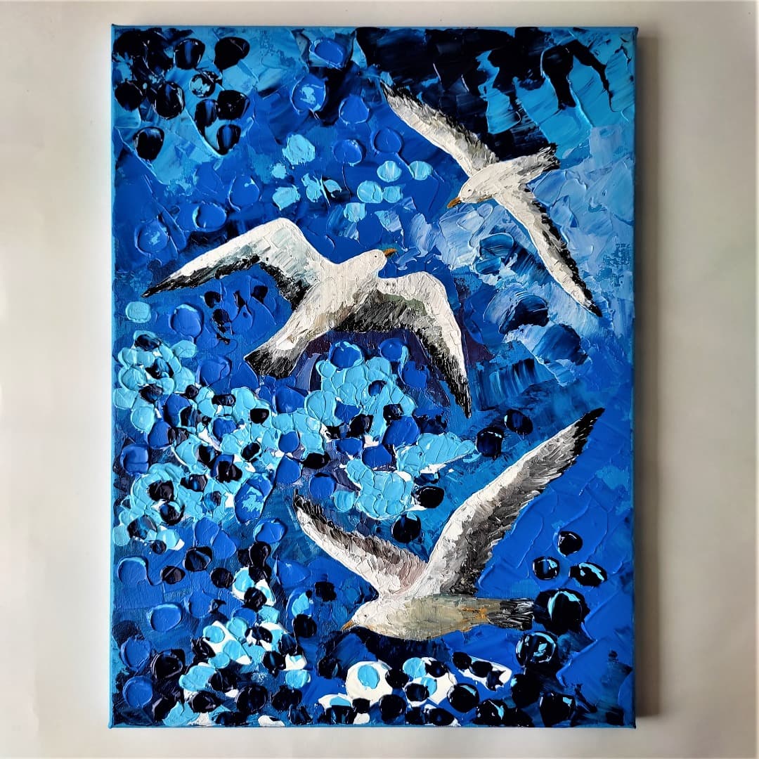 Impressionist bird painting, Seagulls wall art, Blue and whi - Inspire ...