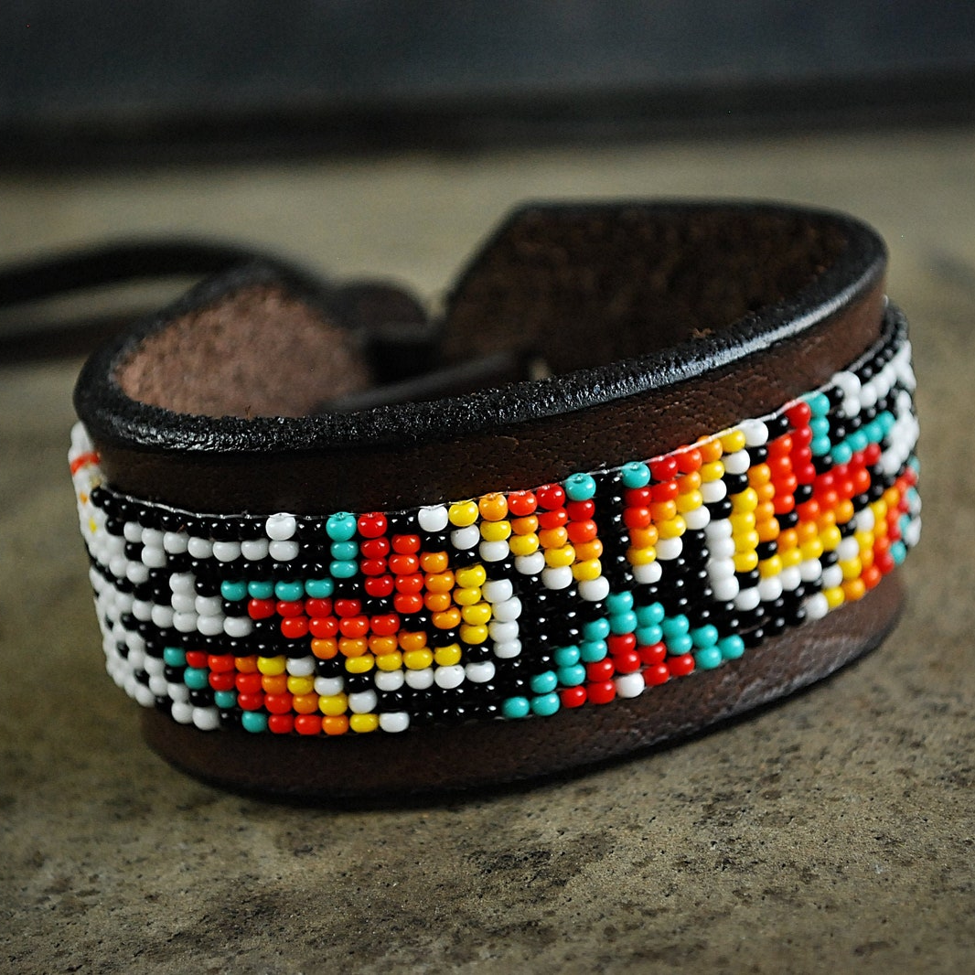 Native Indian Beaded Bracelet Men Women Thunderbird Leather - Inspire ...