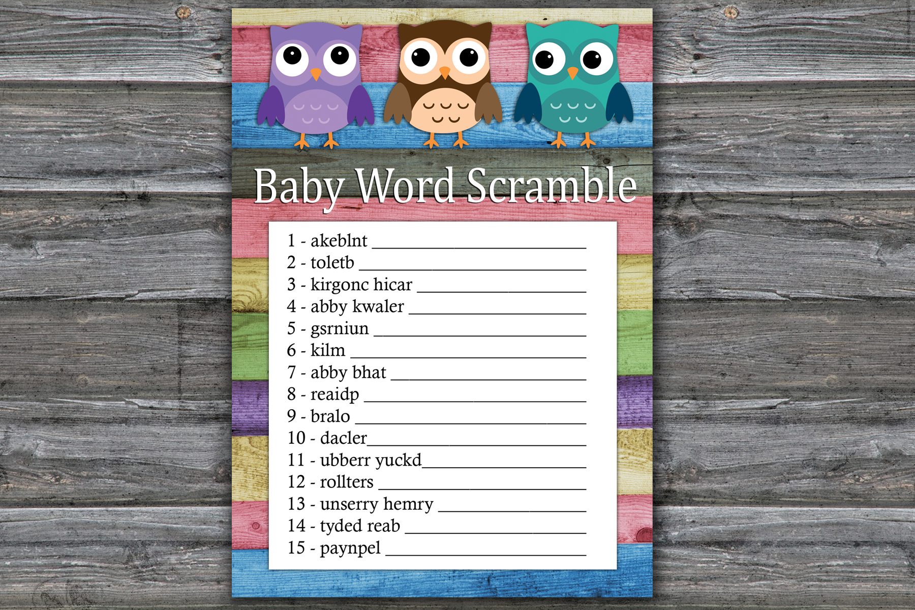 Owl Baby word scramble game card,Woodland Baby shower games - Inspire ...