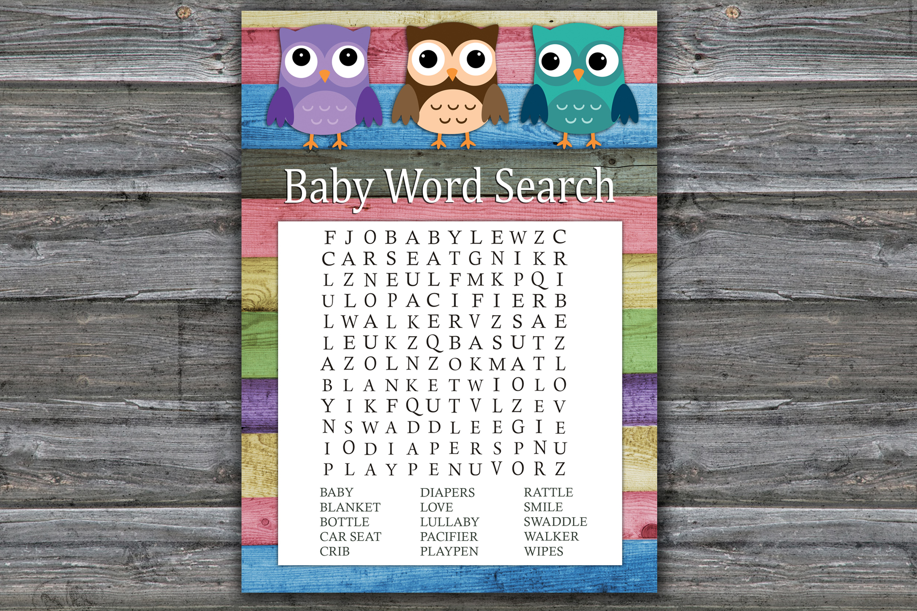 Owl Baby shower word search game card,Woodland Baby shower g | Inspire ...