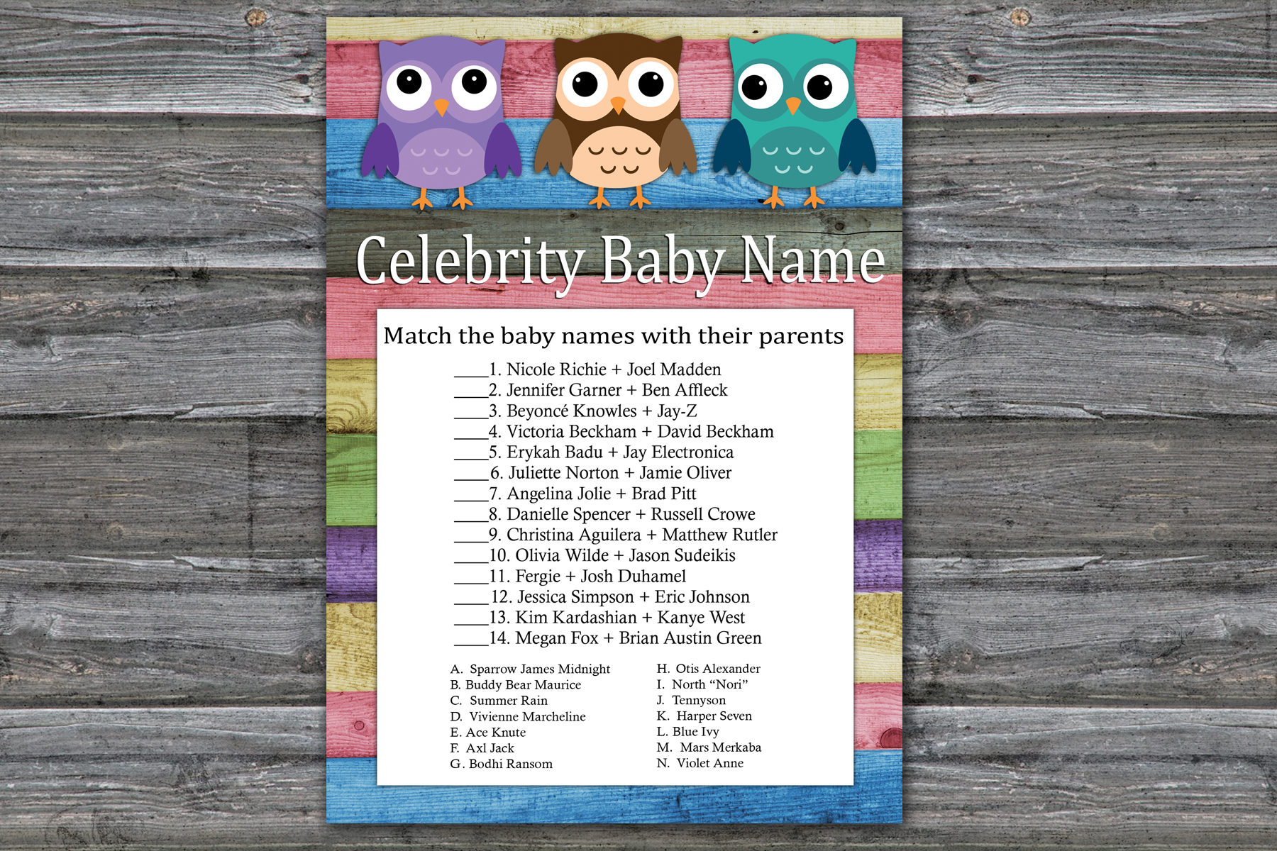 Owl Celebrity baby name game card,Woodland Baby shower games | Inspire ...