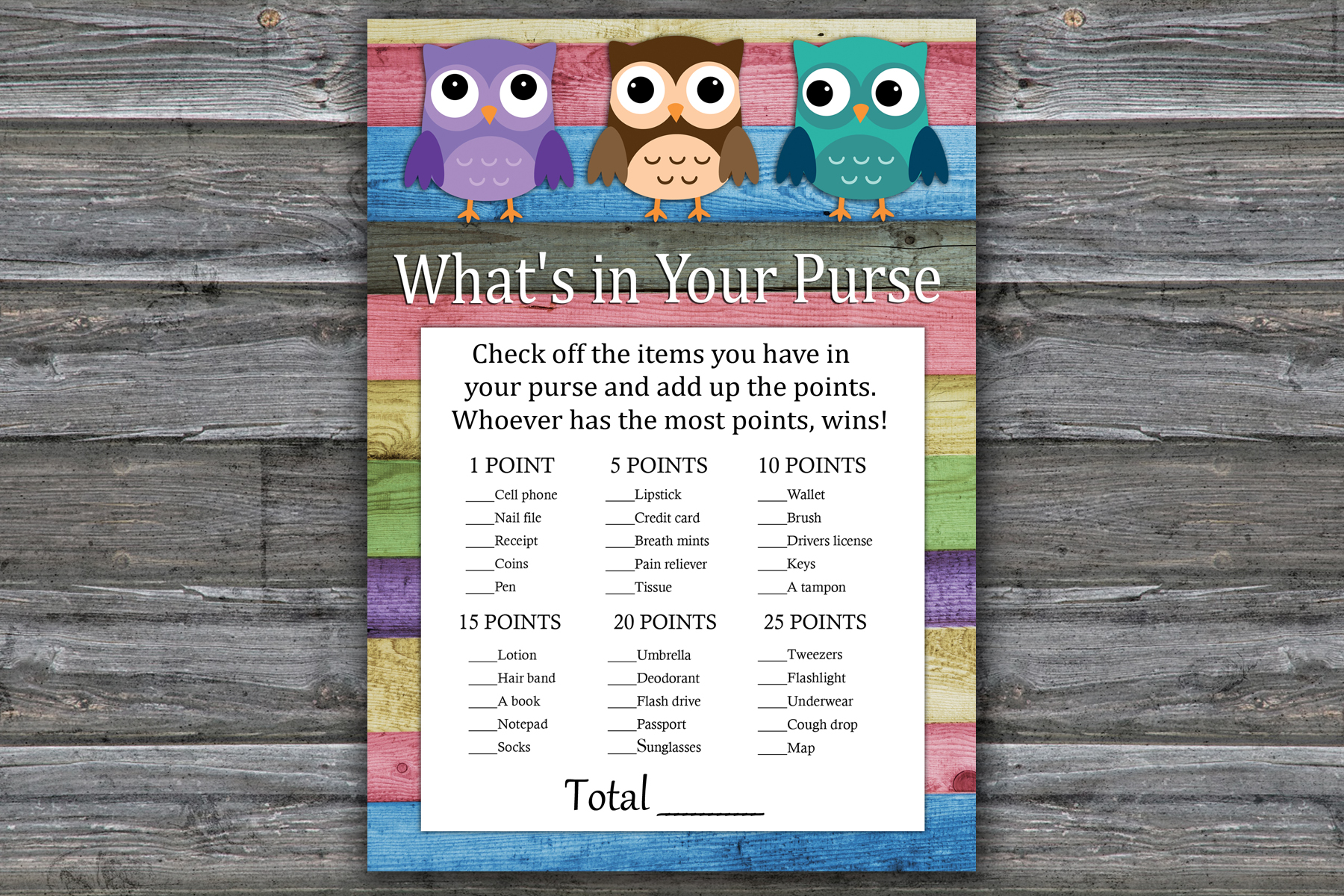 Owl What's in your purse game,Woodland Baby shower games pri | Inspire ...
