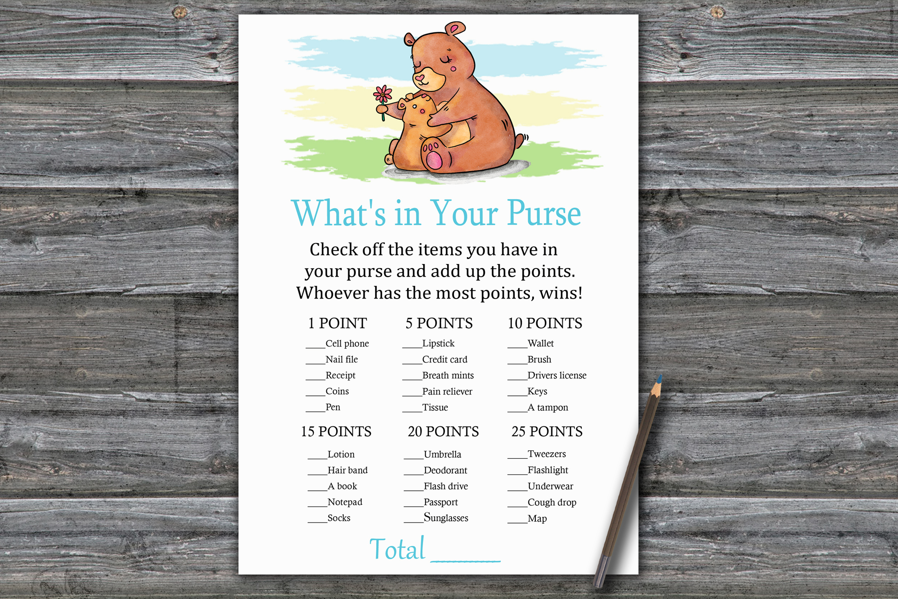 Bear What's in your purse game,Woodland Baby shower games pr - Inspire ...