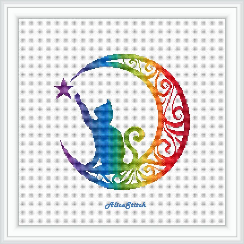 Cross stitch pattern Cat Crescent Silhouette Rainbow animal - Inspire ...