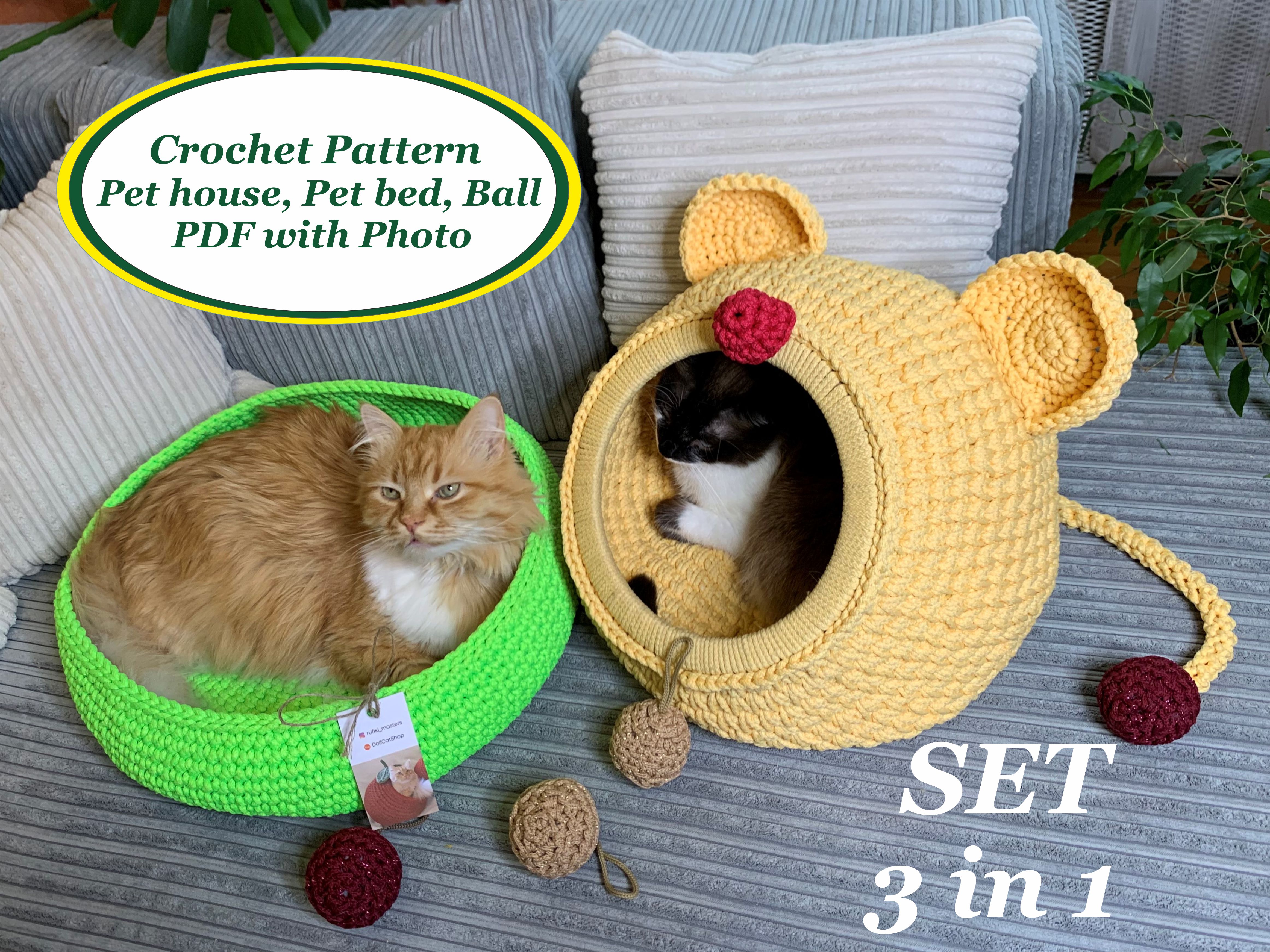 Set crochet pattern cat house pet bed and crochet ball | Inspire Uplift