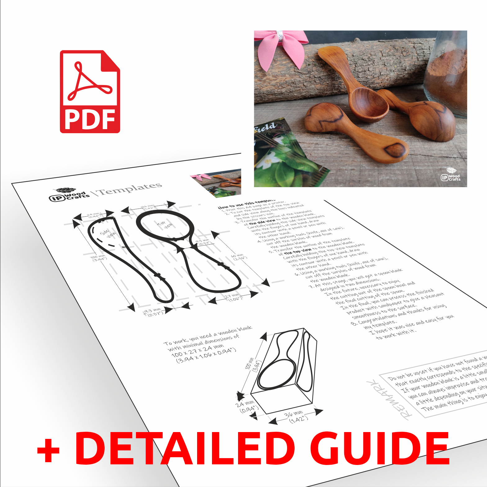 Printable simple PDF template of wooden scoop with guide | Inspire Uplift