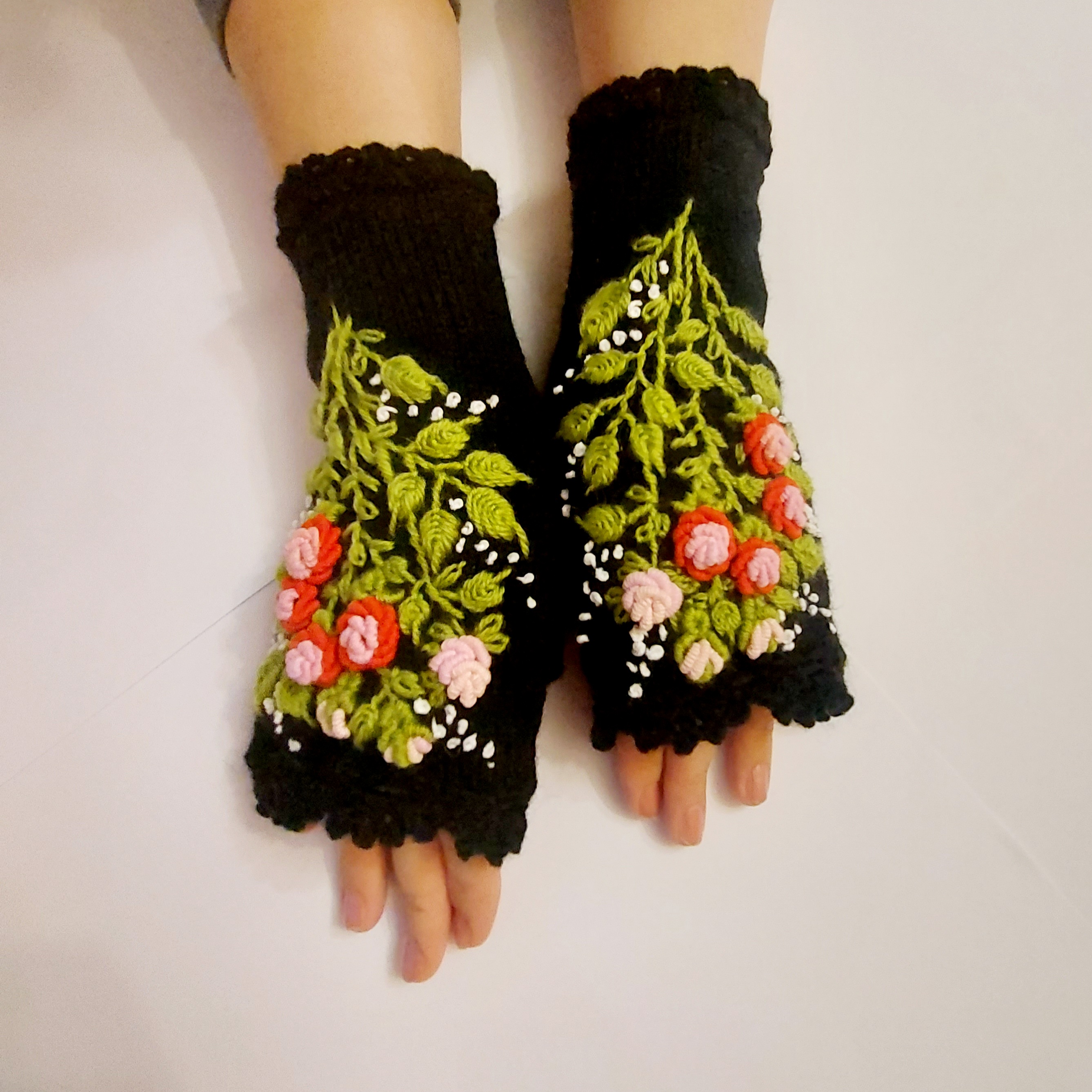 Mittens with embroidery Hand Knitted, embroidered Fingerless | Inspire ...