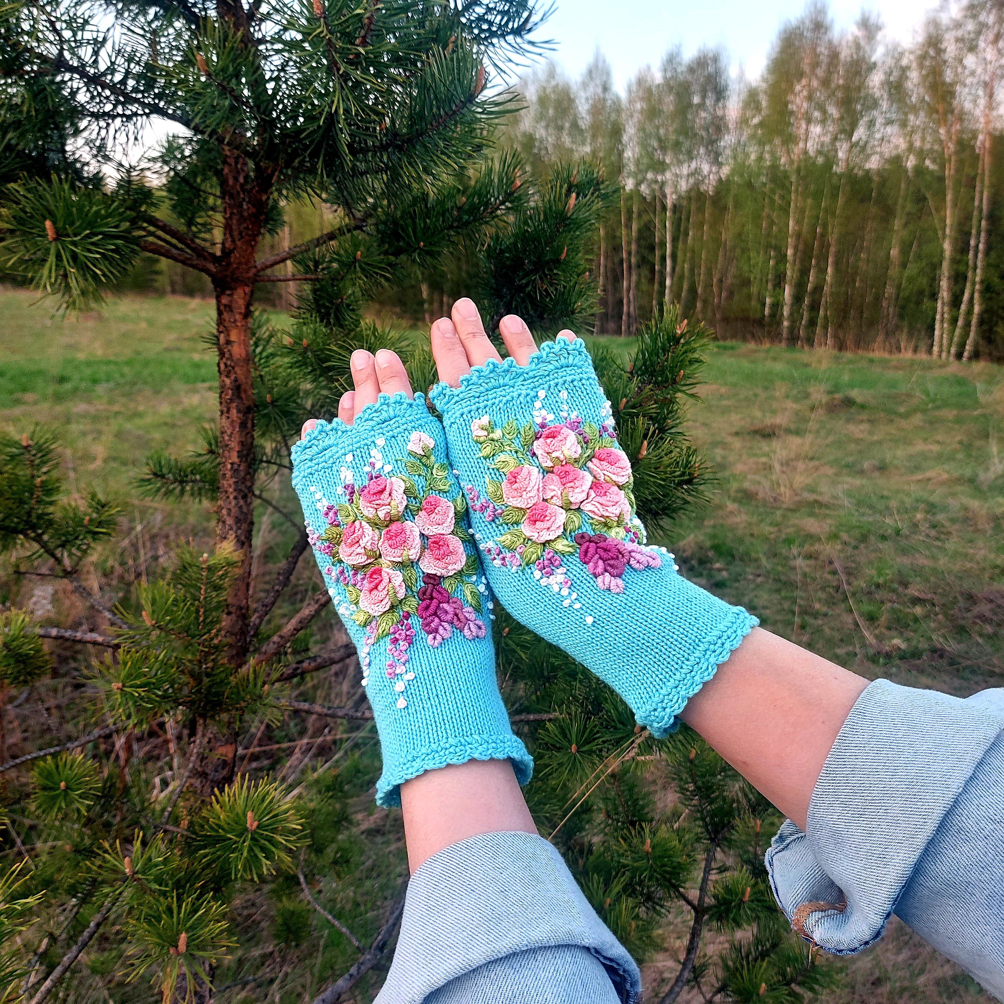 Mittens with embroidery Hand Knitted, embroidered Fingerless | Inspire ...