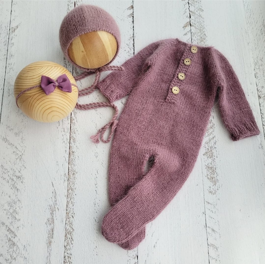 Mauve fluffy bonnet, romper, wrap. Newborn photo props - Inspire Uplift
