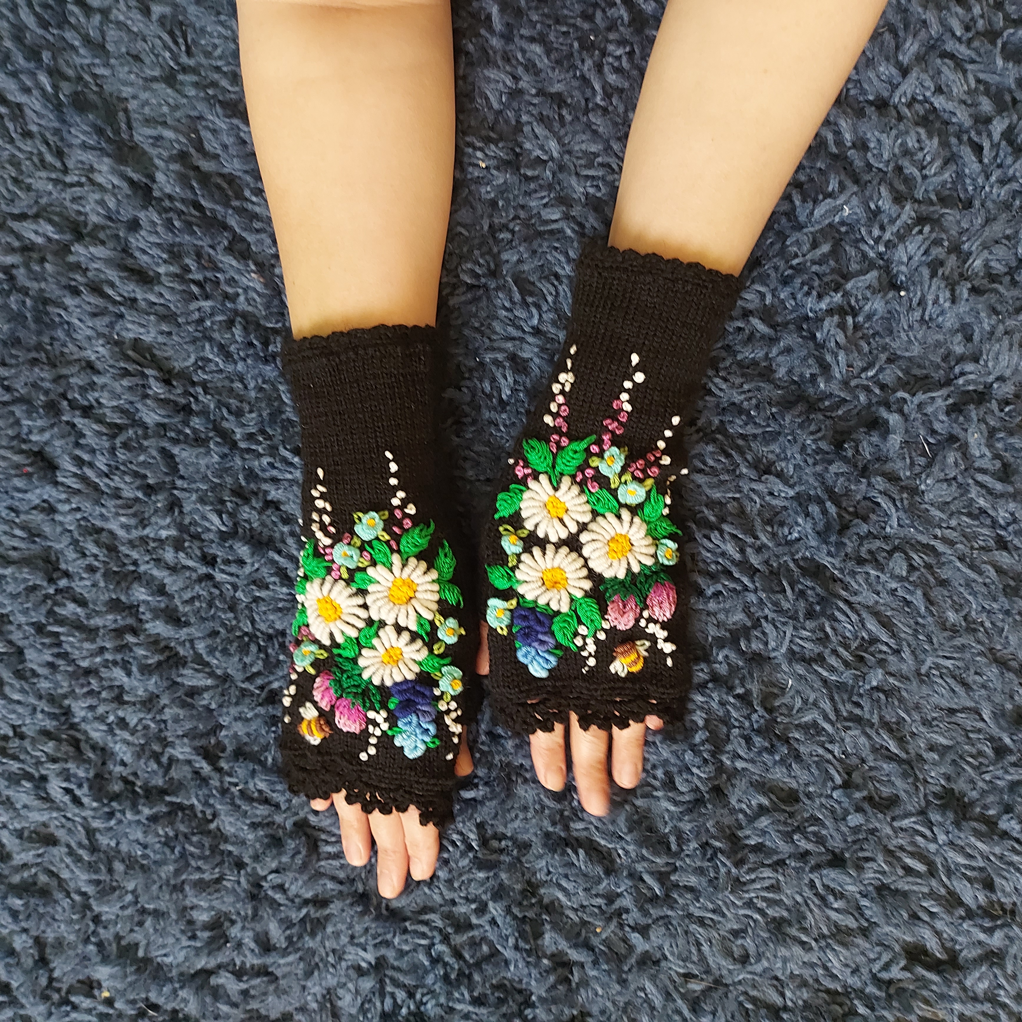 Mittens with embroidery Hand Knitted, embroidered Fingerless | Inspire ...