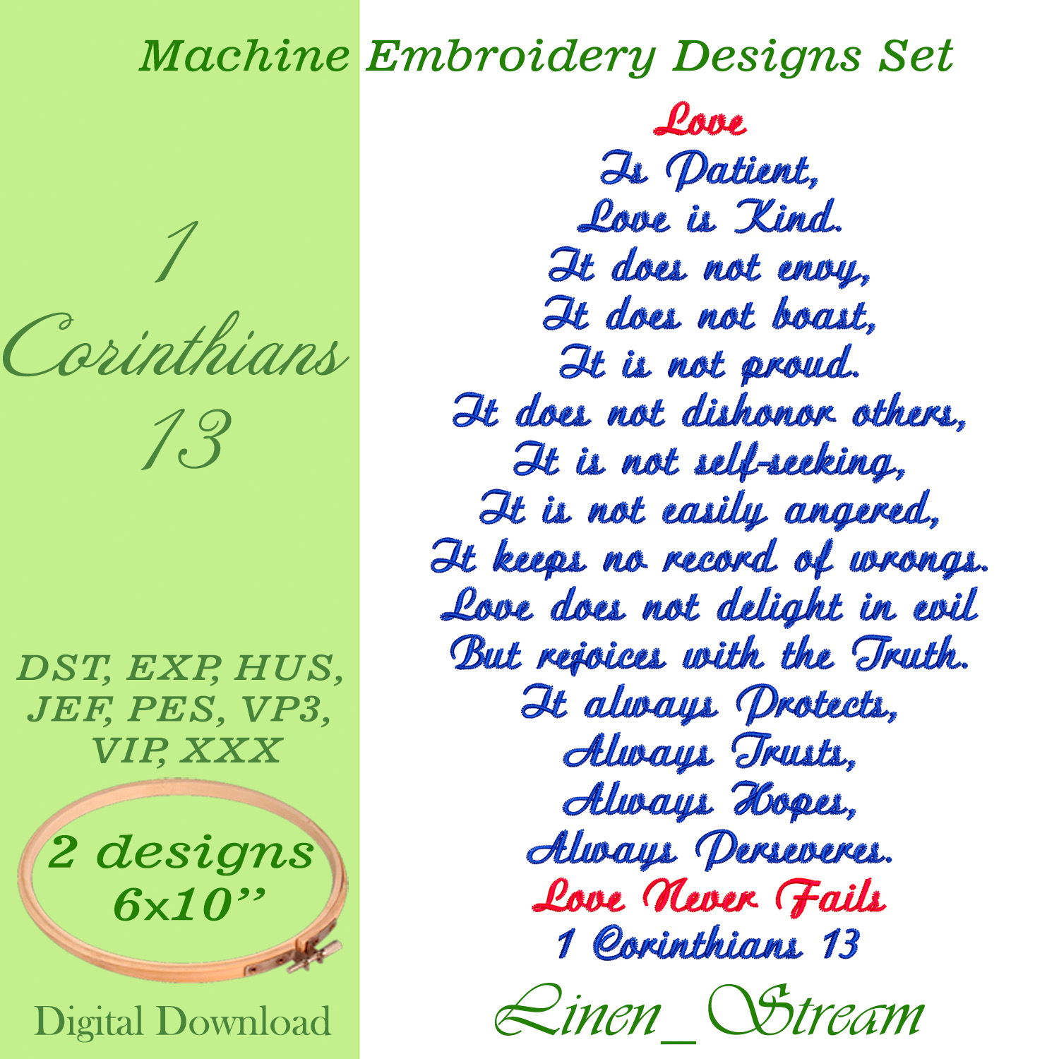 1 Corinthians 13 embroidery 2 designs in 1 sizes in 8 format | Inspire ...