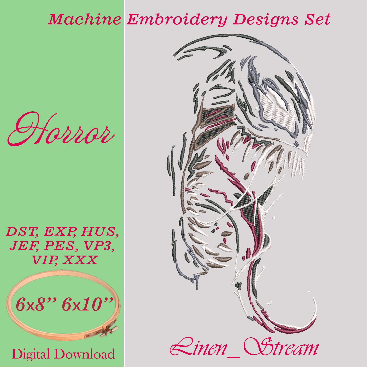 Horror embroidery design in 2 sizes in 8 formats. | Inspire Uplift
