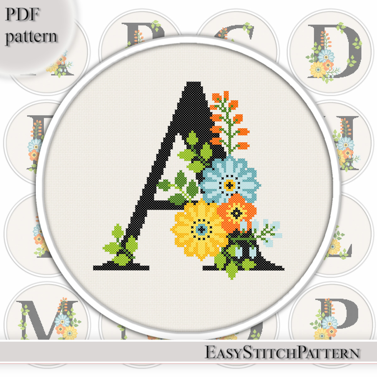 Floral Letter A Initial cross stitch pattern Monogram | Inspire Uplift