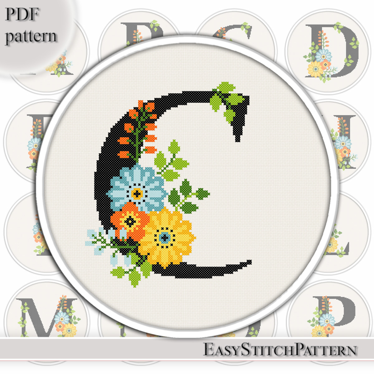 Floral Letter C Initial cross stitch pattern Monogram | Inspire Uplift