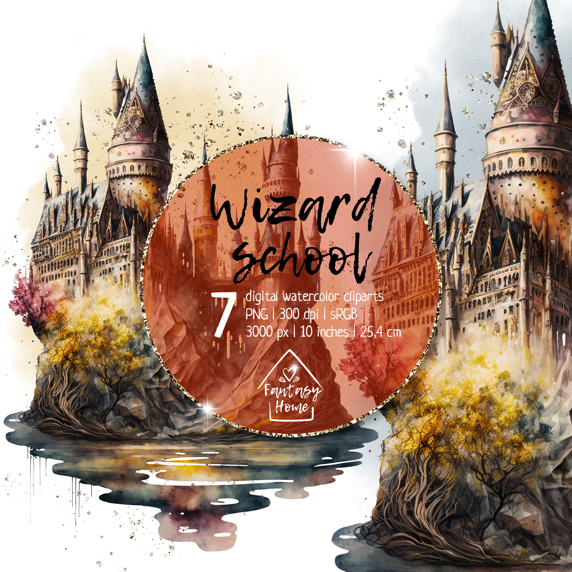 Wizard school castle watercolor digital cliparts set | Inspire Uplift