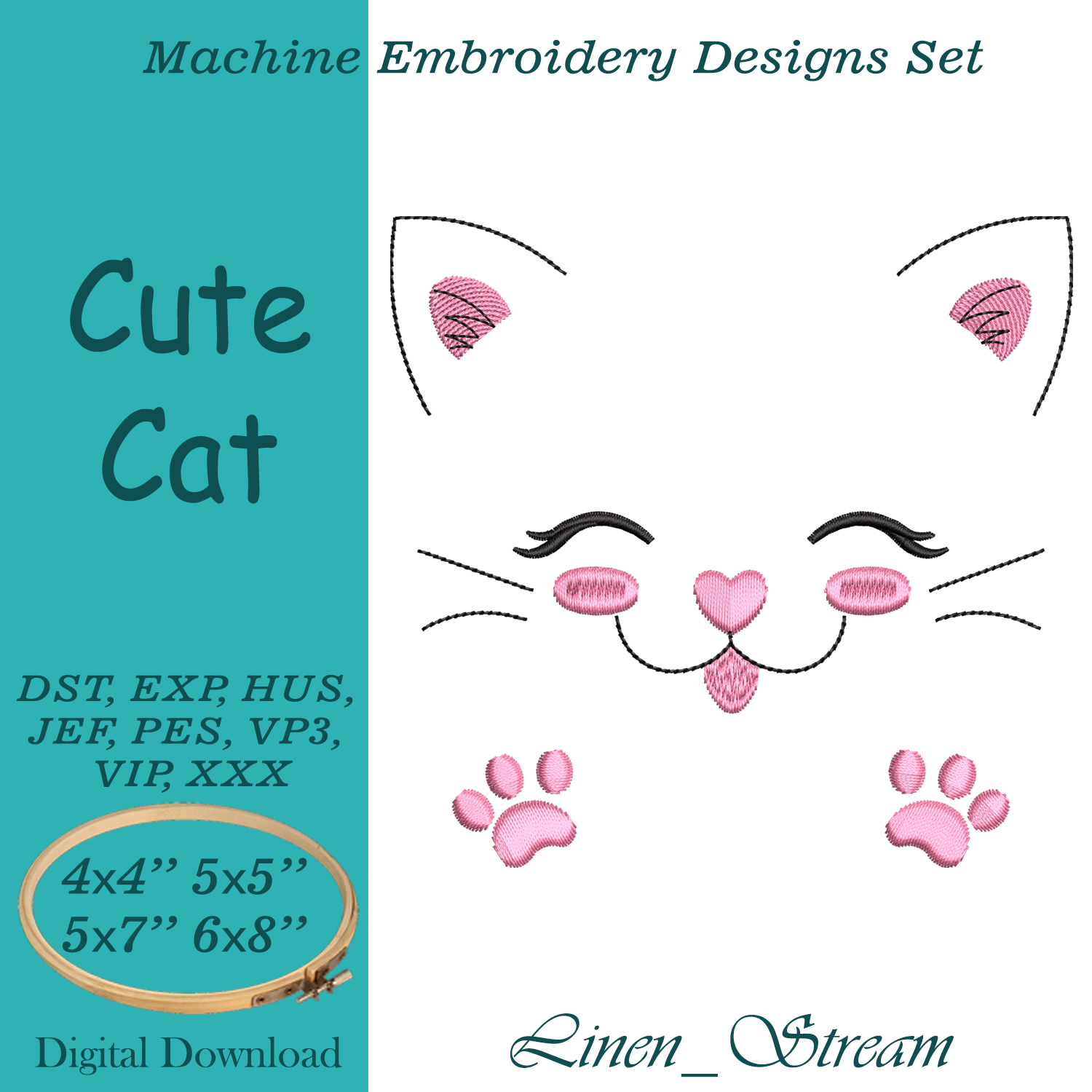 Cute Cat Machine embroidery design in 8 formats and 4 sizes | Inspire ...
