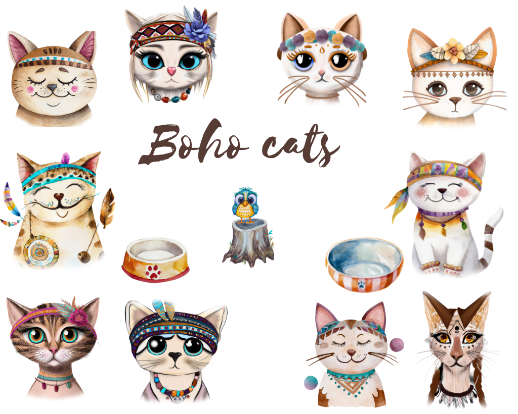 Cats Clipart watercolor, boho cats png, boho cute cats, digi | Inspire ...