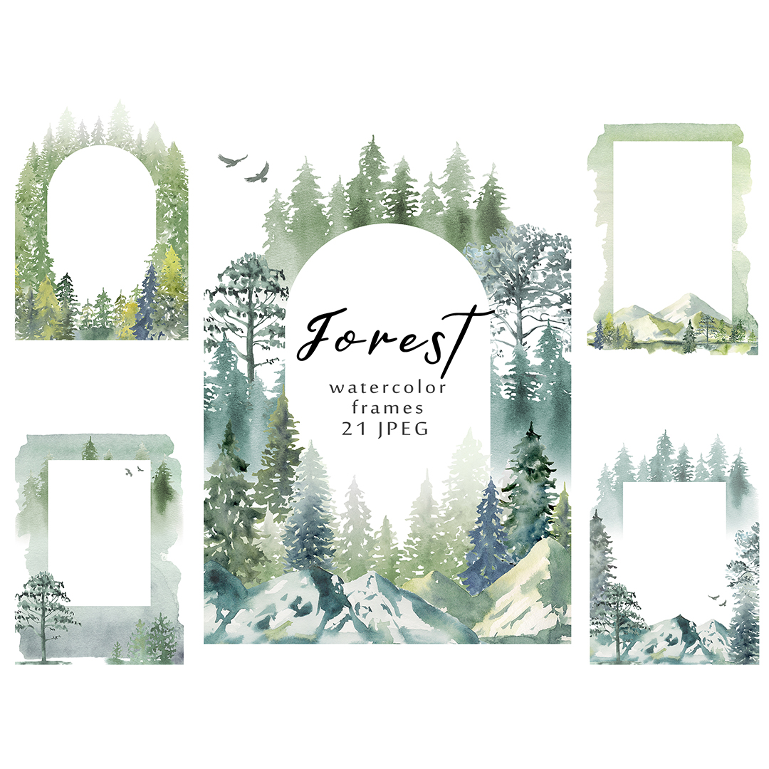 Watercolor forest tree frame, woodland landscapes, mountain, - Inspire ...