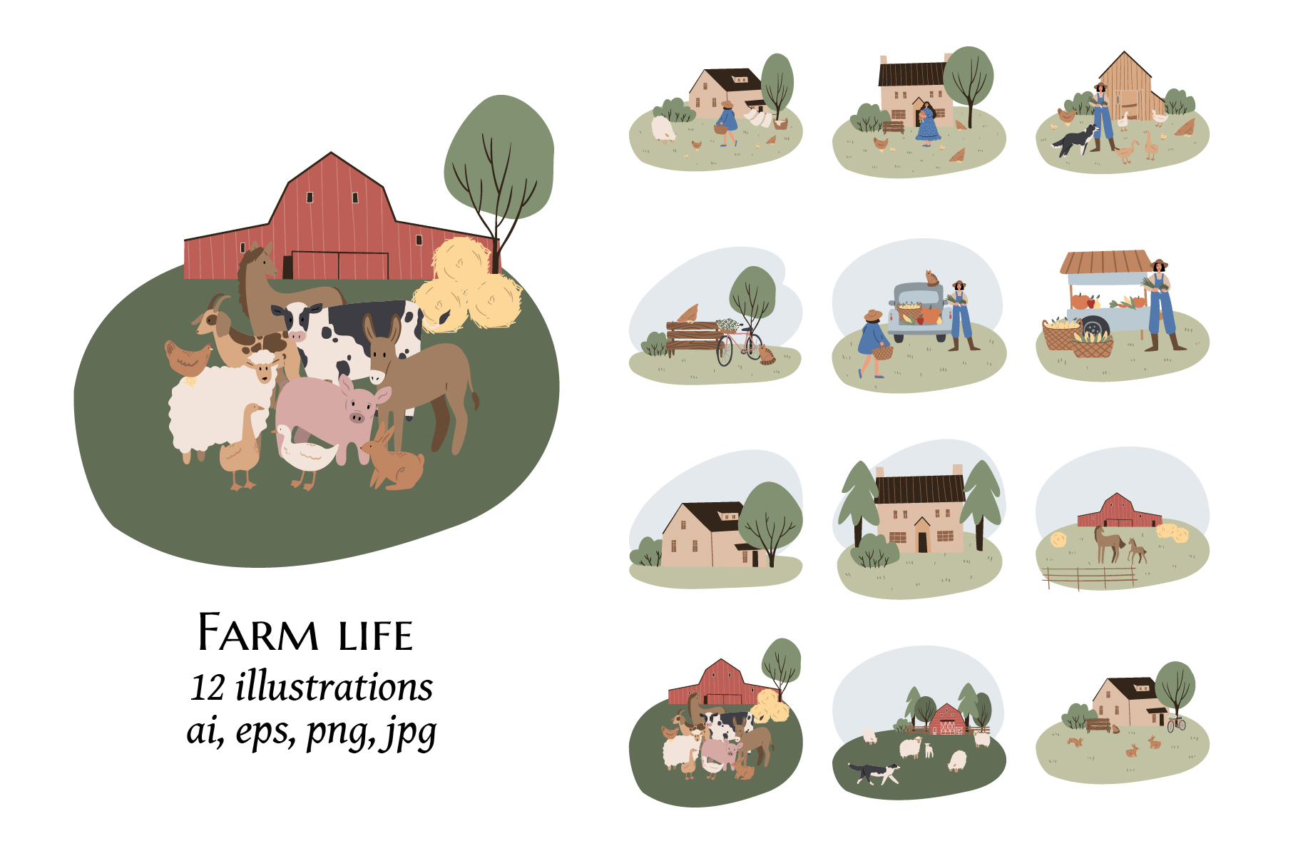 farm life illustration, domestic animals clipart, ai png jpg | Inspire ...