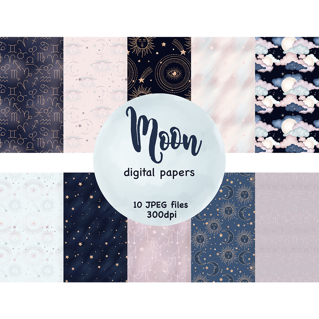 Moon Pattern | Zodiac Digital Paper - Inspire Uplift